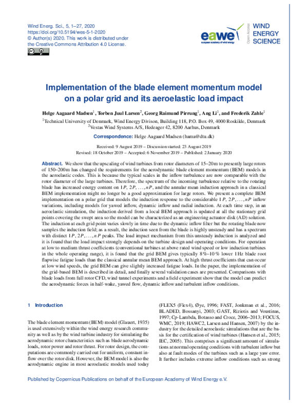 (PDF) Implementation of the blade element momentum model on a polar grid and its aeroelastic ...