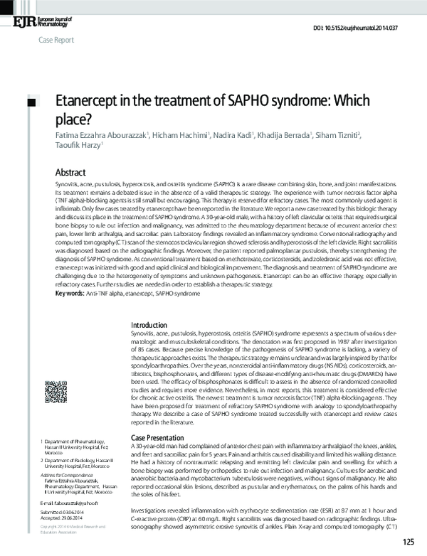 (PDF) Etanercept in the treatment of SAPHO syndrome: Which place?
