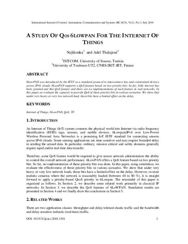 (PDF) A STUDY OF QOS 6LOWPAN FOR THE INTERNET OF THINGS