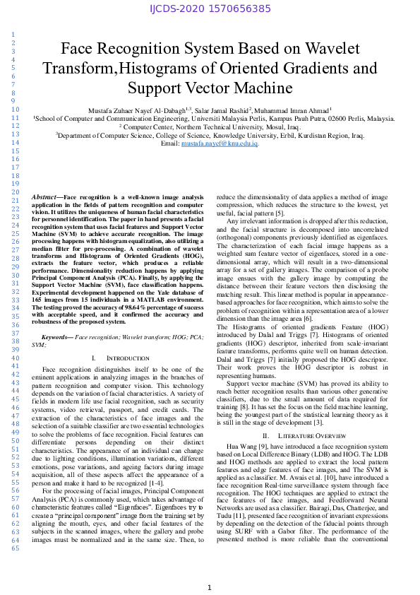 Pdf Face Recognition System Based On Wavelet Transform Histograms Of