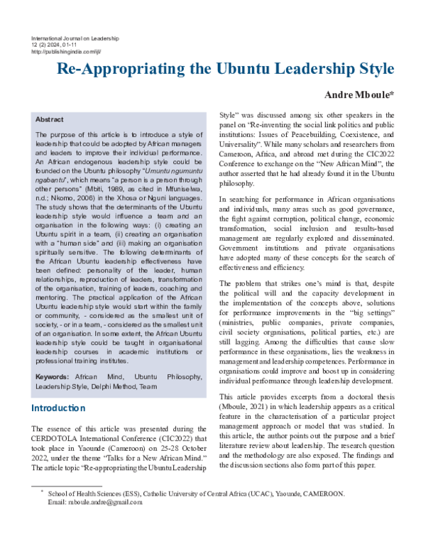 (PDF) Re-Appropriating the Ubuntu Leadership Style