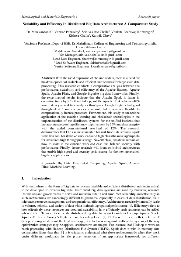 (PDF) Scalability and Efficiency in Distributed Big Data Architectures: A Comparative Study