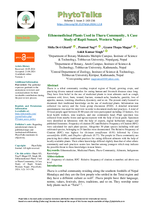 (PDF) Ethnomedicinal Plants Used in Tharu Community, A Case Study of Rapti Sonari, Western Nepal