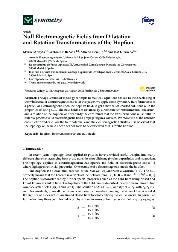 (PDF) Null Electromagnetic Fields from Dilatation and Rotation Transformations of the Hopfion