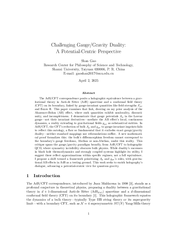 (PDF) Challenging Gauge/Gravity Duality: A Potential-Centric Perspective