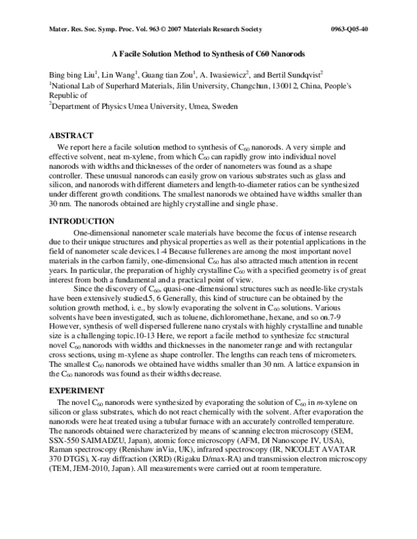 (PDF) A Facile Solution Method to Synthesis of C60 Nanorods