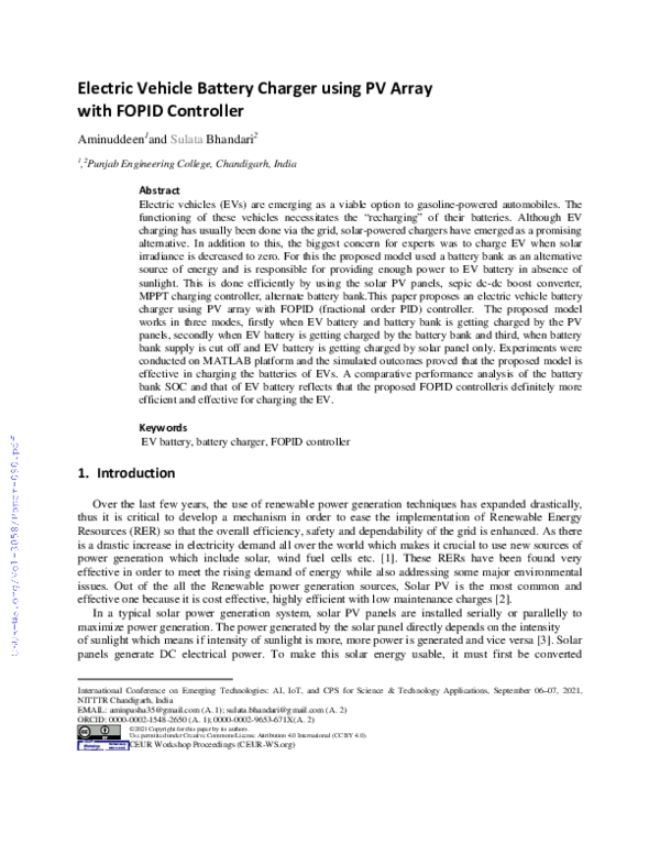 (PDF) Electric Vehicle Battery Charger using PV Array with FOPID Controller
