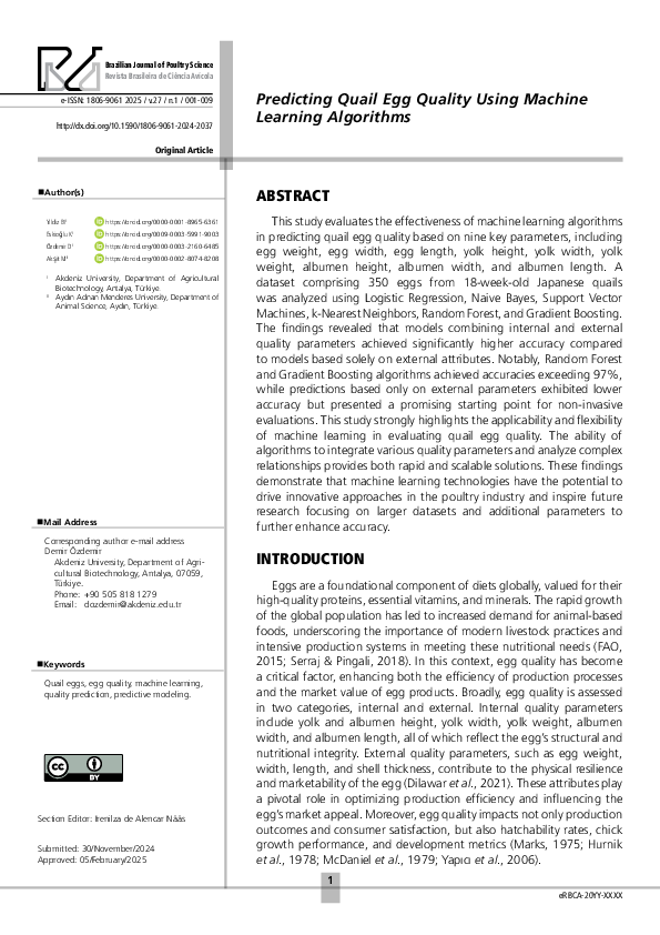 (PDF) Predicting Quail Egg Quality Using Machine Learning Algorithms