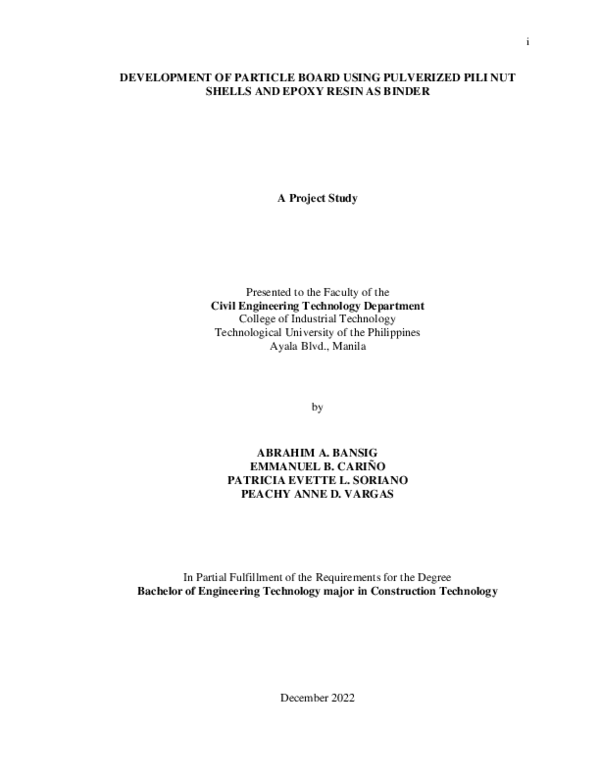 (PDF) DEVELOPMENT OF PARTICLE BOARD USING PULVERIZED PILI NUT SHELLS ...