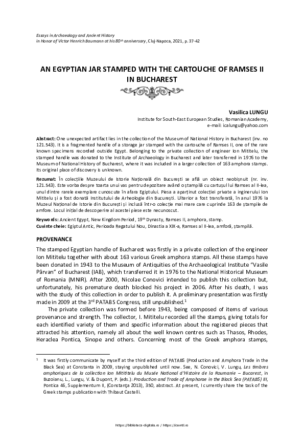 (PDF) AN EGYPTIAN JAR STAMPED WITH THE CARTOUCHE OF RAMSES II IN BUCHAREST