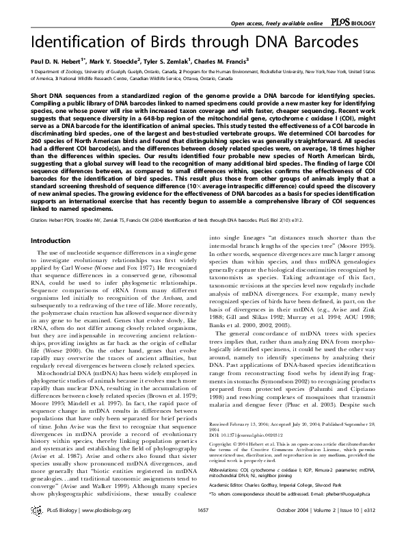 (PDF) Identification of Birds through DNA Barcodes
