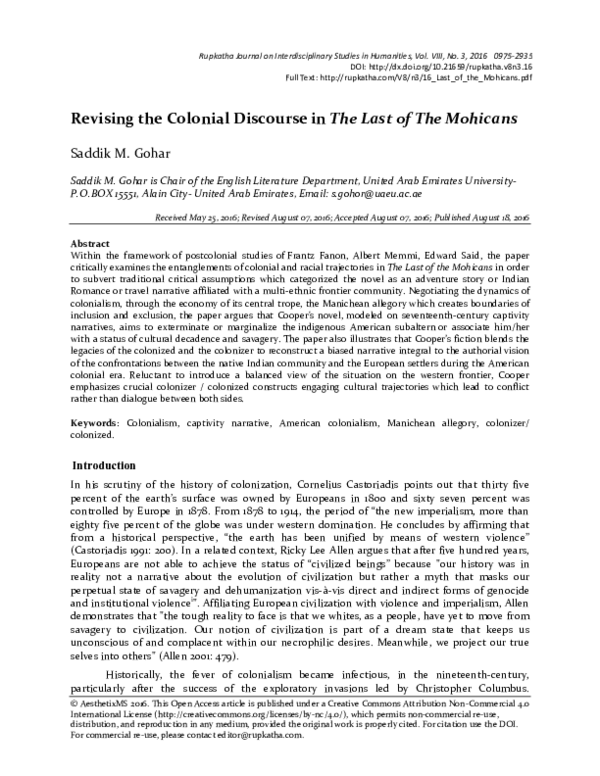 (PDF) Revising the Colonial Discourse in The Last of The Mohicans