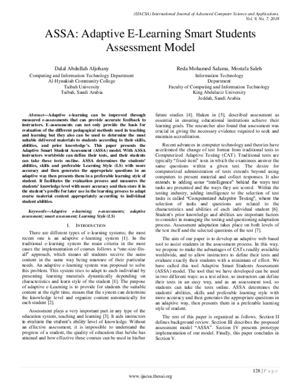(PDF) ASSA: Adaptive E-Learning Smart Students Assessment Model