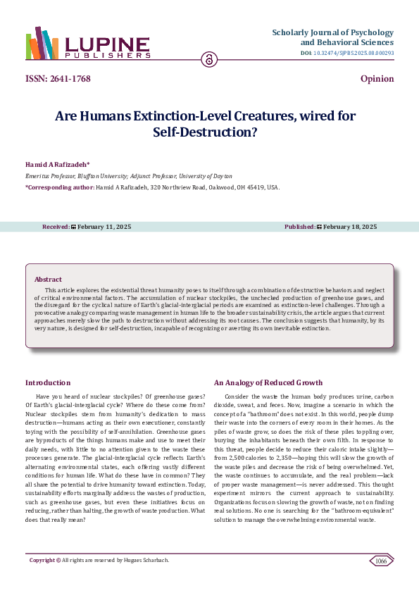 (PDF) Are Humans Extinction-Level Creatures, wired for Self-Destruction