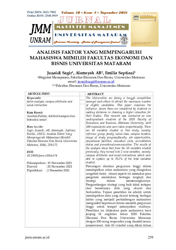 (PDF) Analisis Faktor Yang Mempengaruhi Mahasiswa Memilih Fakultas Ekonomi Dan Bisnis ...