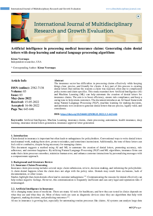 (PDF) Artificial intelligence in processing medical insurance claims ...