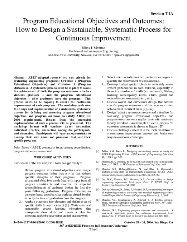 (PDF) Program Educational Objectives and Outcomes: How to Design a Sustainable, Systematic ...