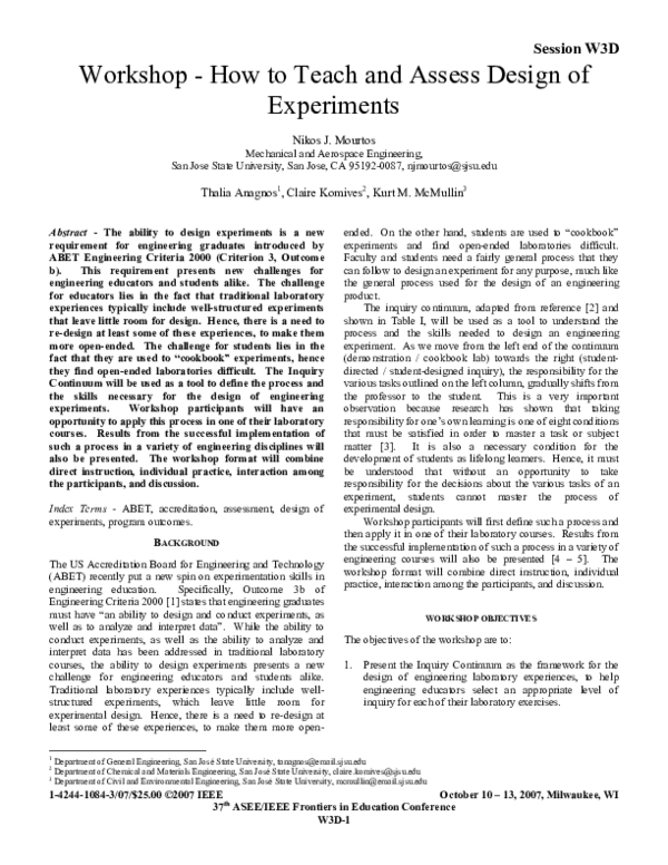 (PDF) Workshop - how to teach and assess design of experiments