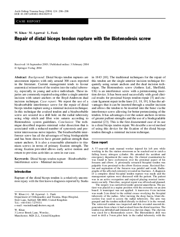 (PDF) Repair of distal biceps tendon rupture with the Biotenodesis screw