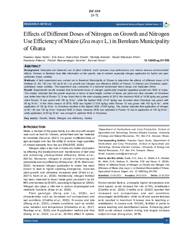 (PDF) Effects of Different Doses of Nitrogen on Growth and Nitrogen Use Efficiency of Maize (Zea ...