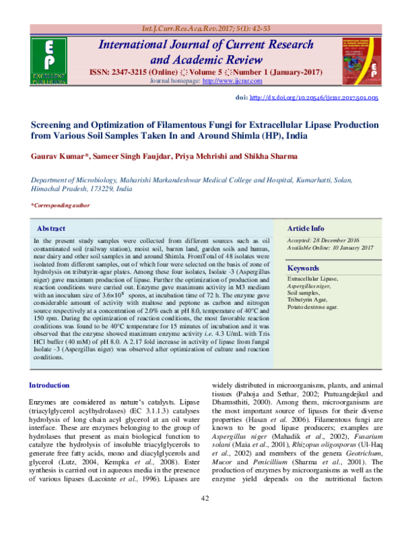 (PDF) Screening and Optimization of Filamentous Fungi for Extracellular Lipase Production from ...