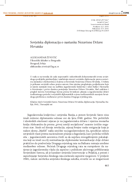 (PDF) Sovjetska diplomacija o nastanku Nezavisne Države Hrvatske
