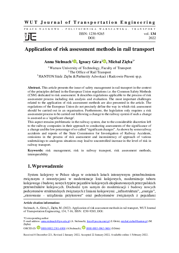 (PDF) Application of risk assessment methods in rail transport