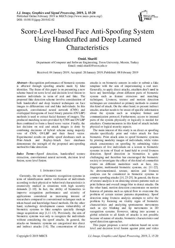 (PDF) Score-Level-based Face Anti-Spoofing System Using Handcrafted and Deep Learned Characteristics