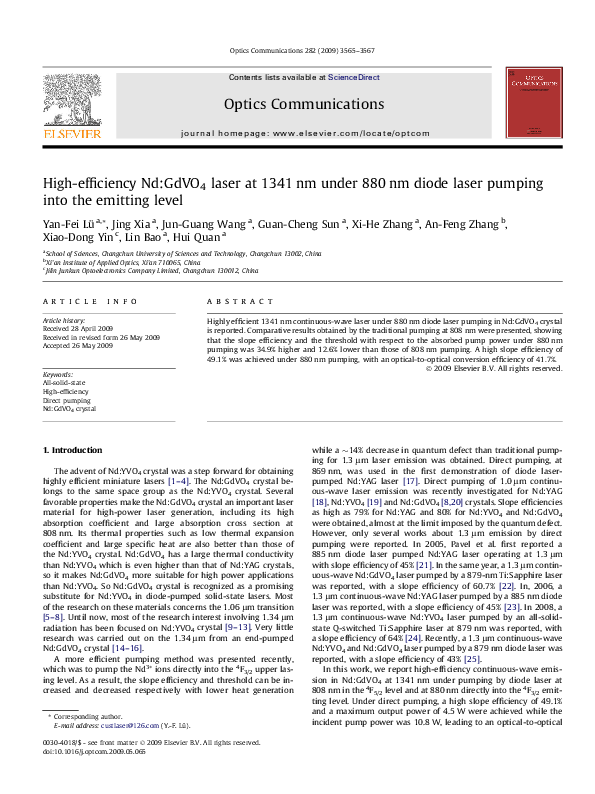 (PDF) High-efficiency Nd:GdVO4 laser at 1341nm under 880nm diode laser ...