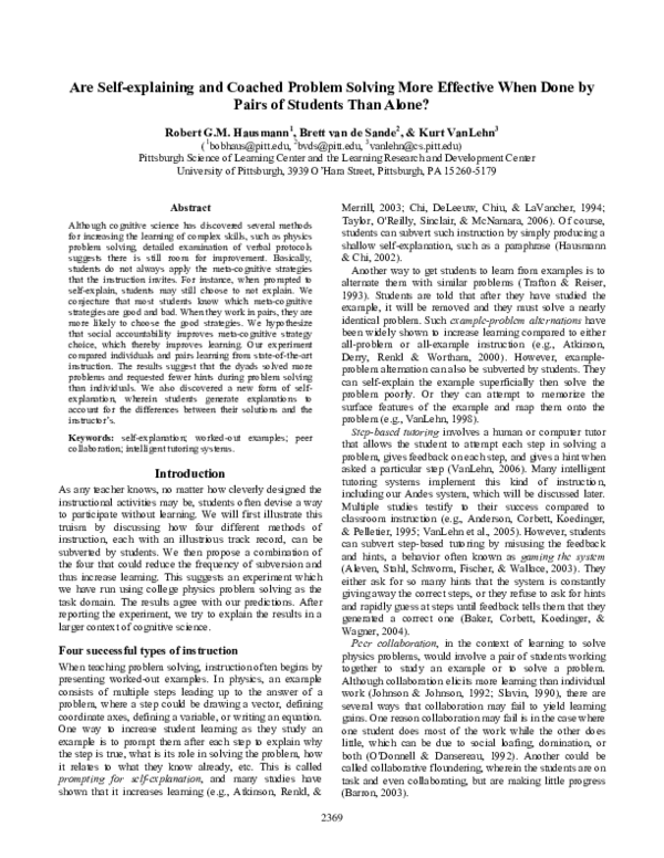 (PDF) Are Self-explaining and Coached Problem Solving More Effective When Done by Pairs of ...