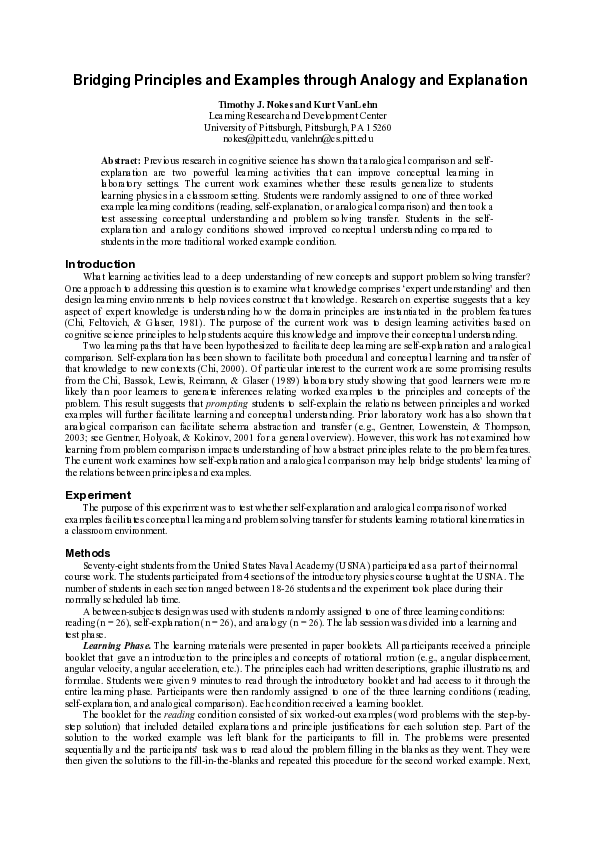 (PDF) Bridging principles and examples through analogy and explanation
