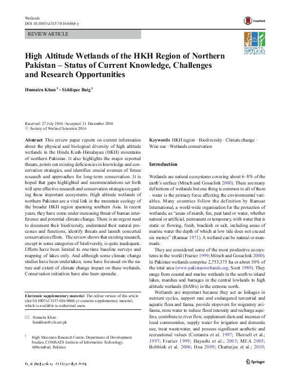 (PDF) High Altitude Wetlands of the HKH Region of Northern Pakistan ...