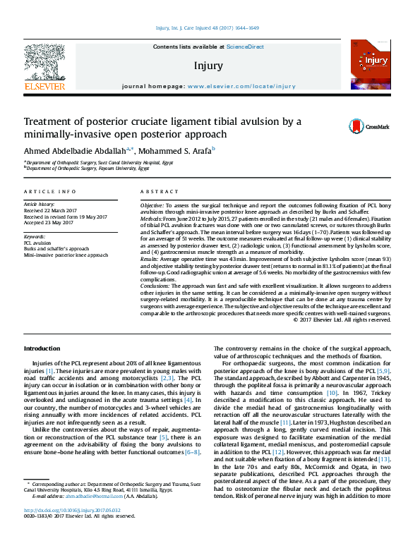 (PDF) Treatment of Posterior Cruciate Ligament Tibial Avulsion ...