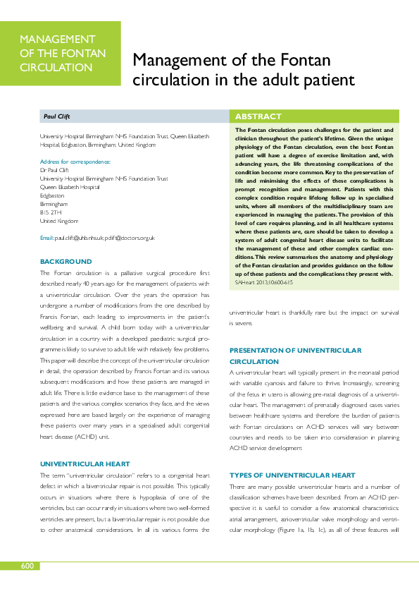 (PDF) Management of the Fontan circulation in the adult patient