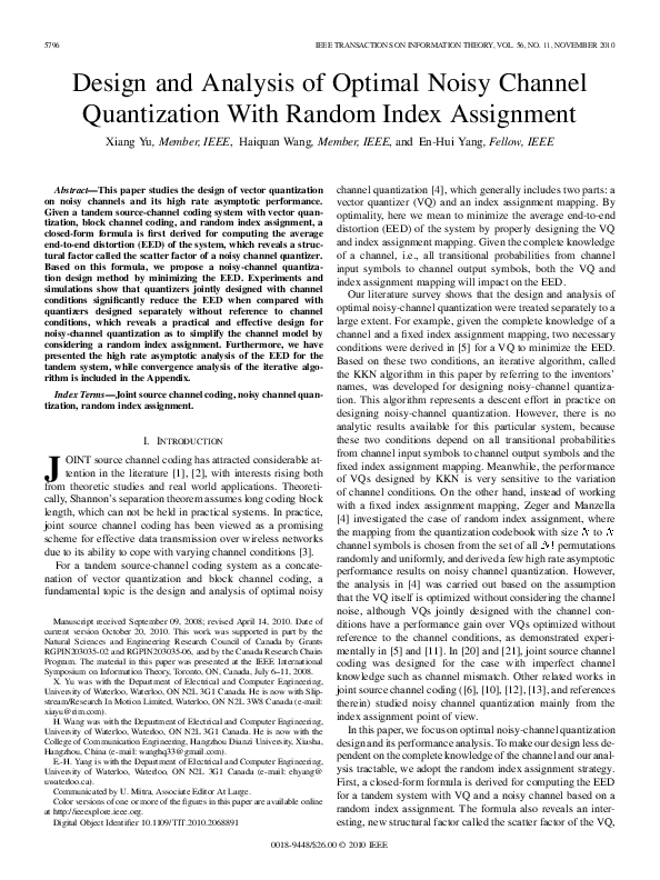 (PDF) Design and Analysis of Optimal Noisy Channel Quantization With Random Index Assignment