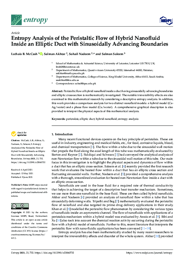 (PDF) Entropy Analysis of the Peristaltic Flow of Hybrid Nanofluid Inside an Elliptic Duct with ...