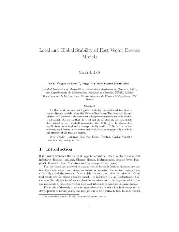 (PDF) Local and global stability of host-vector disease models