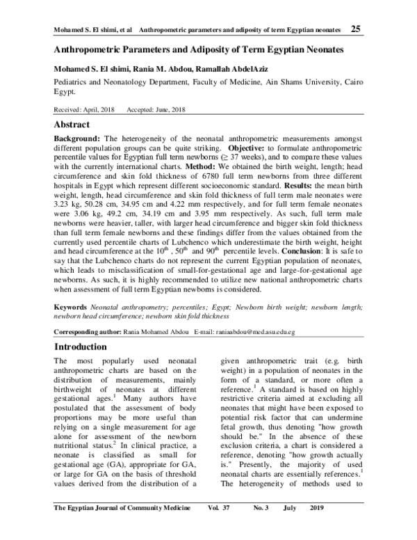 (PDF) Anthropometric Parameters and Adiposity of Term Egyptian Neonates