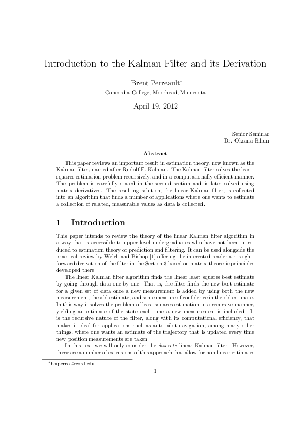 Pdf Introduction To The Kalman Filter And Its Derivation