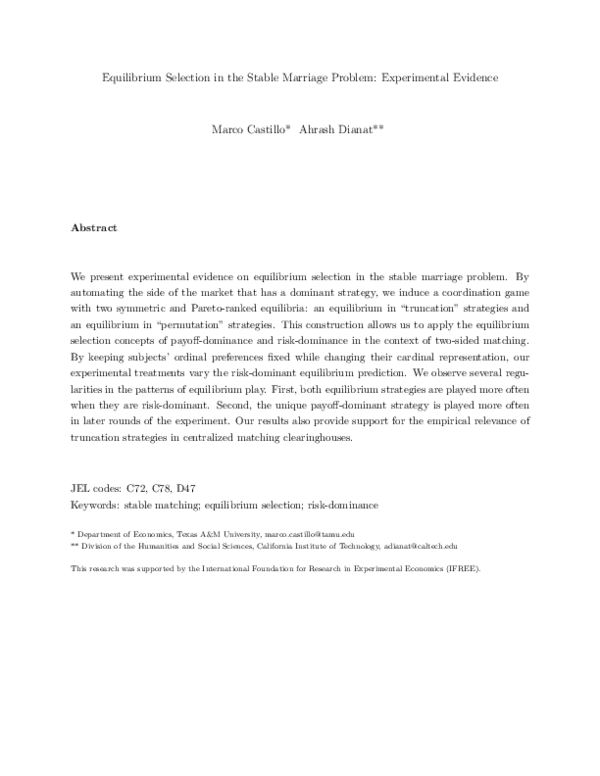 (PDF) Equilibrium Selection in the Stable Marriage Problem ...