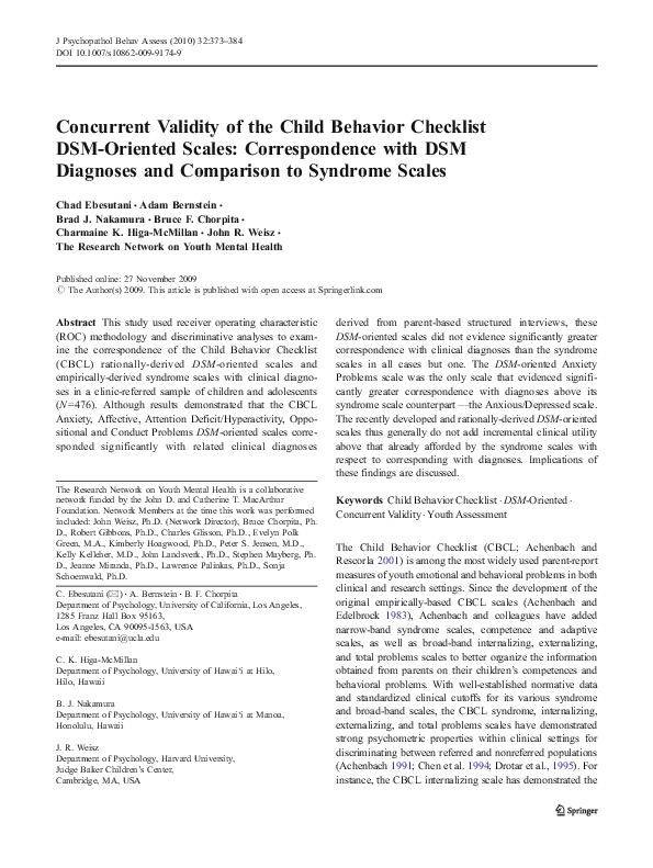 (PDF) Concurrent Validity of the Child Behavior Checklist DSM-Oriented Scales: Correspondence ...