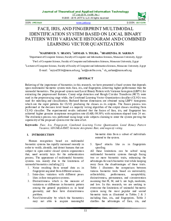 (PDF) Face , Iris , and Fingerprint Multimodal Identification System Based on Local Binary ...