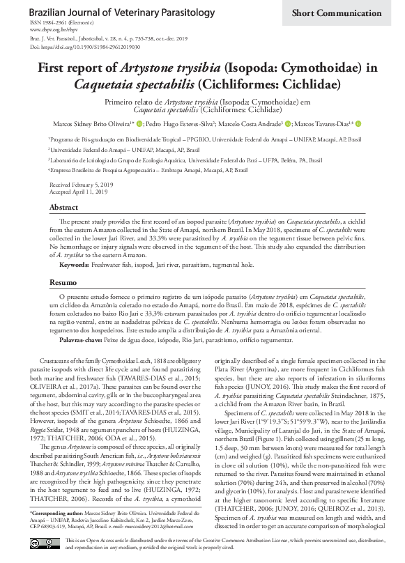 (PDF) First report of Artystone trysibia (Isopoda: Cymothoidae) in ...