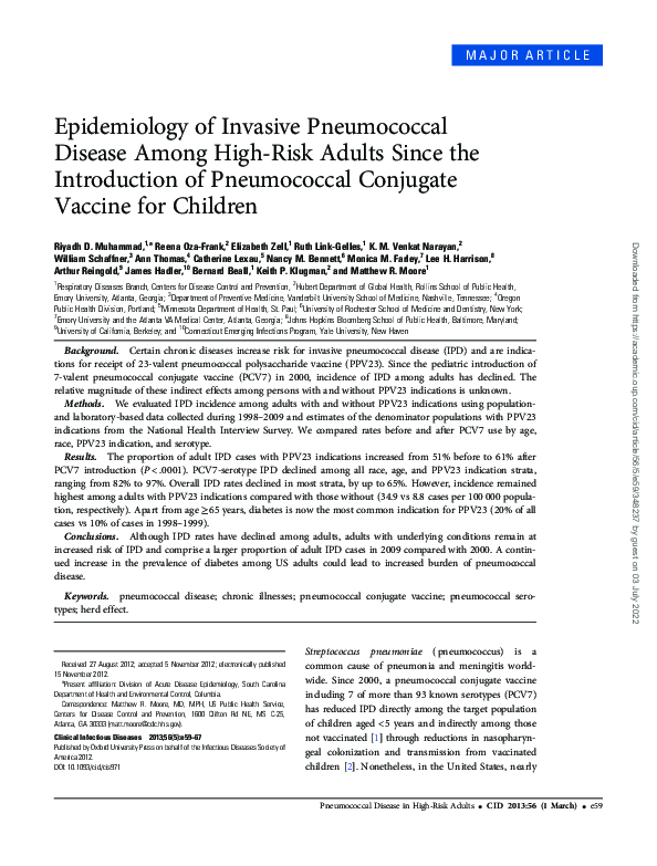 (PDF) Epidemiology of Invasive Pneumococcal Disease Among High-Risk Adults Since the ...