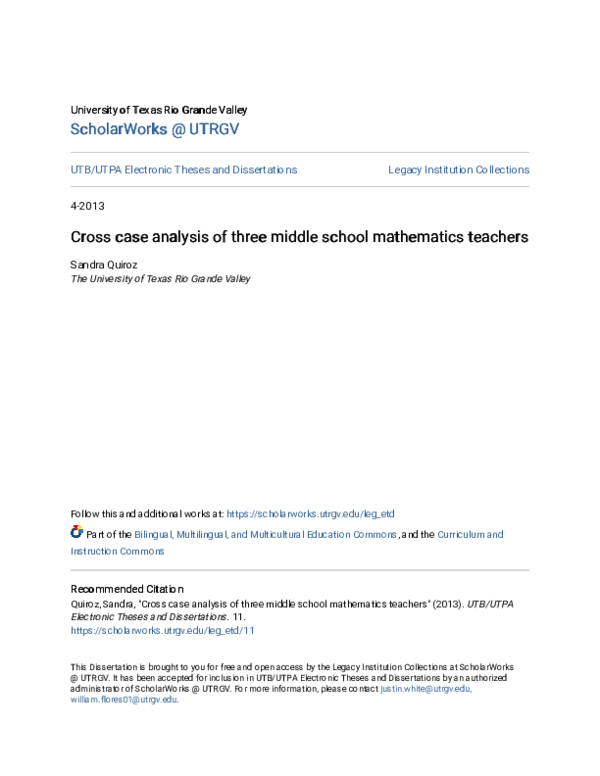 (PDF) Cross case analysis of three middle school mathematics teachers