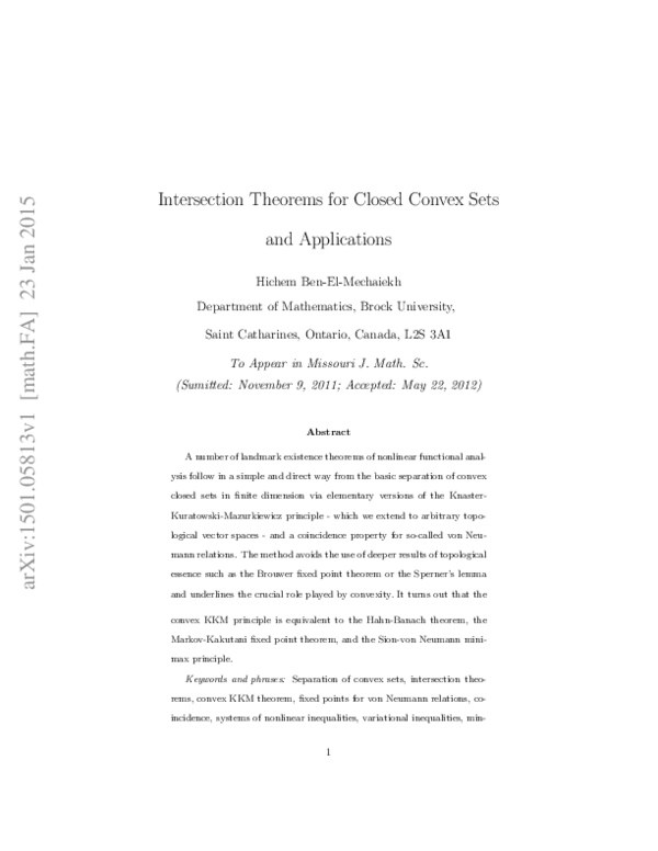 (PDF) Intersection Theorems for Closed Convex Sets and Applications