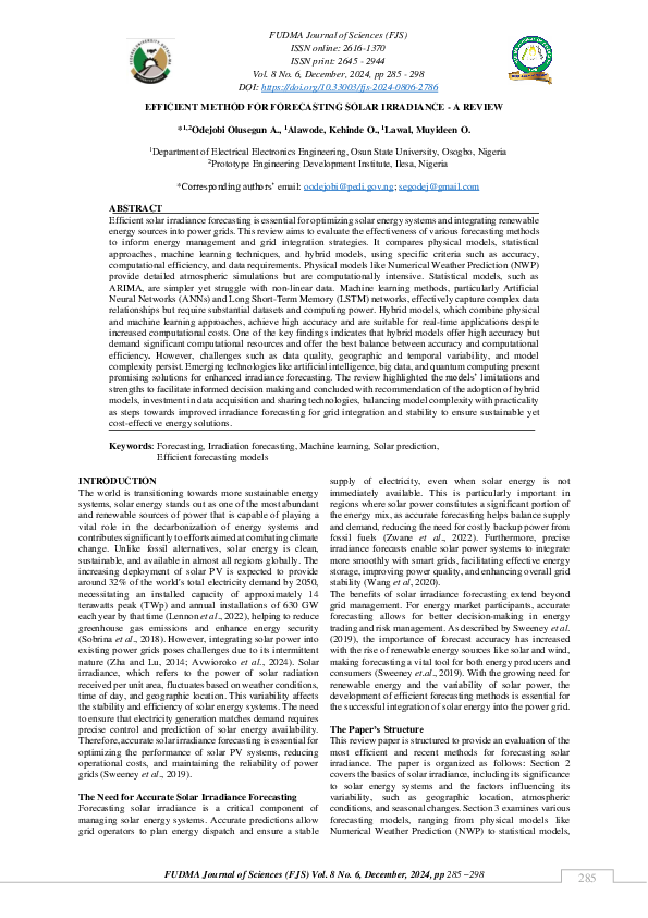 Pdf Efficient Method For Forecasting Solar Irradiance A Review