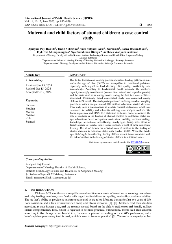 (PDF) Maternal and child factors of stunted children: a case control study
