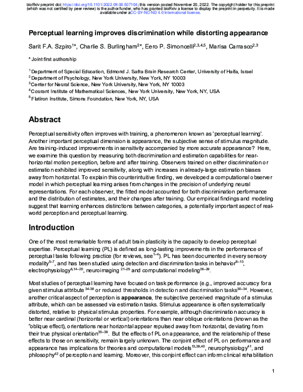 (PDF) Perceptual learning improves discrimination while distorting appearance