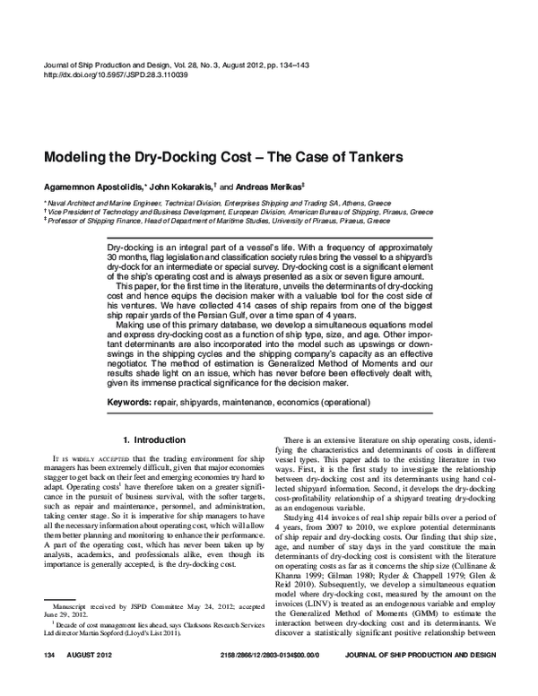 (PDF) Modeling the Dry-Docking Cost - The Case of Tankers
